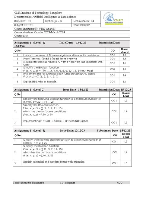 Assignment 1 Ddco Assgnment Questions Cmr Institute Of Technology Bangalore Departments