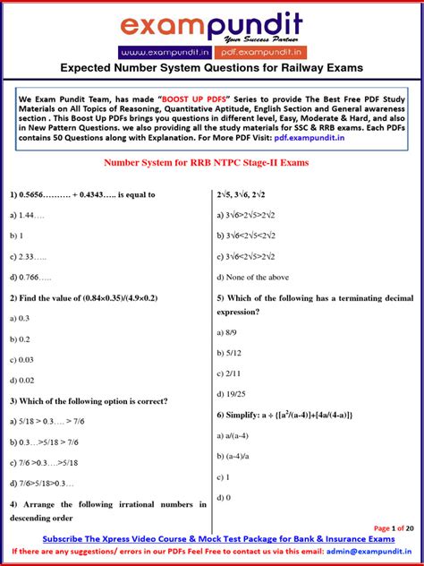 Expected Number System Questions For Railway Ntpc Stage Ii Exams Pdf Numbers Mathematical