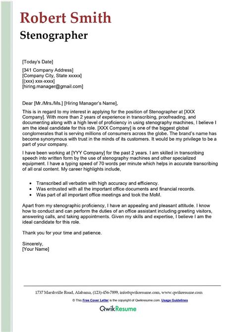 Stenographer Cover Letter Examples Qwikresume