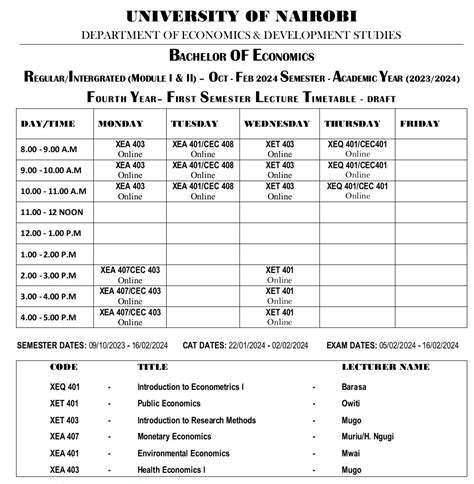 Undergraduate Lecture Timetable Department Of Economics And