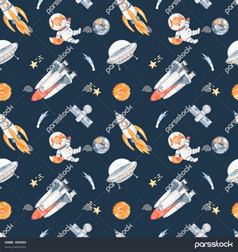 فضانورد فاکس موشک بشقاب پرنده شاتل سیارات ستاره ها در پس زمینه آبی الگوی بدون درز آبرنگ فضایی
