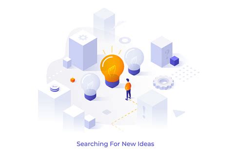 거대한 전구 앞에 서 있는 사람이 있는 개념적 템플릿입니다 새로운 아이디어 기술 기술 혁신을 위한 현장 광고에 대 한 현대 등각 벡터 그림 3차원 형태에 대한 스톡 벡터