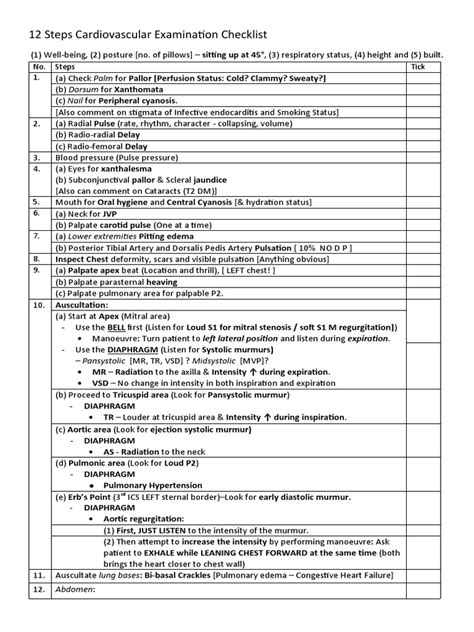 Cvs 12 Steps Cardiovascular Examination Checklist V3 Pdf Pulse