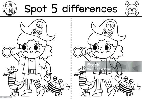 흑인과 백인은 아이들을위한 차이점 게임을 찾습니다 바다 모험은 갈매기와 게를 가진 귀여운 해적 소녀와 함께 교육 활동을 줄입니다