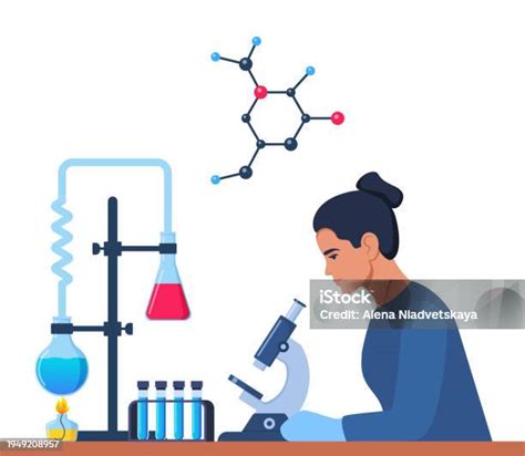 연구 및 탐사에 종사하는 화학 실험실의 과학자 플라스크 바이알 물질이 담긴 시험관 실험실 연구 테스트 화학 연구 벡터 일러스트 레이 션입니다 건강관리와 의술에 대한 스톡