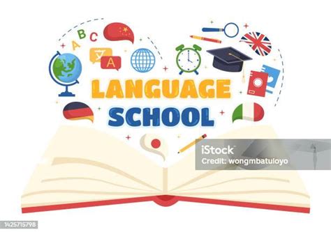 어학원 템플릿 손으로 그린 만화 플랫 일러스트 레이 션 온라인 학습 코스 교육 프로그램 및 해외 외국어 학습 공부에 대한 스톡