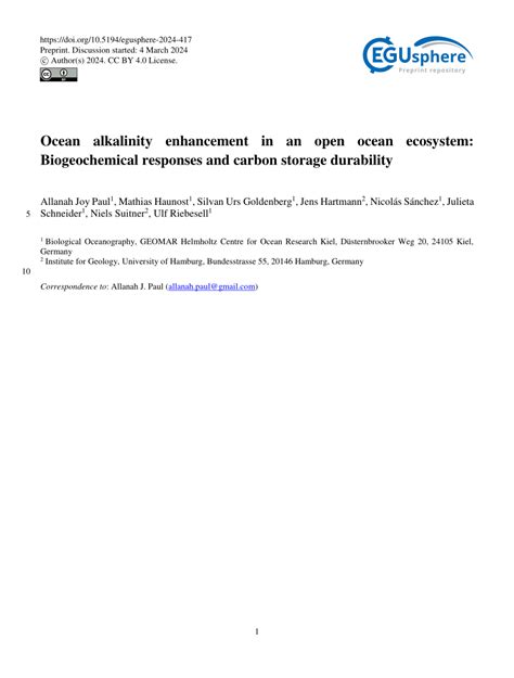 Pdf Ocean Alkalinity Enhancement In An Open Ocean Ecosystem Biogeochemical Responses And