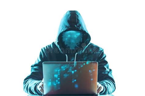 Hacker In A Dark Hoodie Using Laptop With Binary Code Overlay
