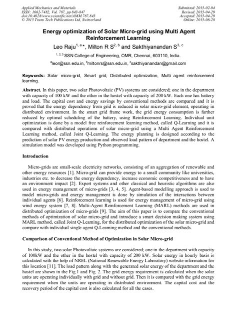 Energy Optimization Of Solar Micro Grid Using Multi Agent Reinforcement Learning Scientific Net