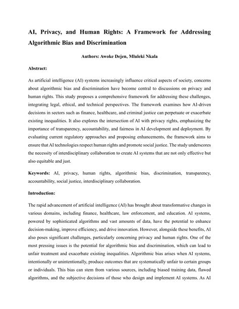 (PDF) AI, Privacy, and Human Rights: A Framework for Addressing Algorithmic Bias and Discrimination