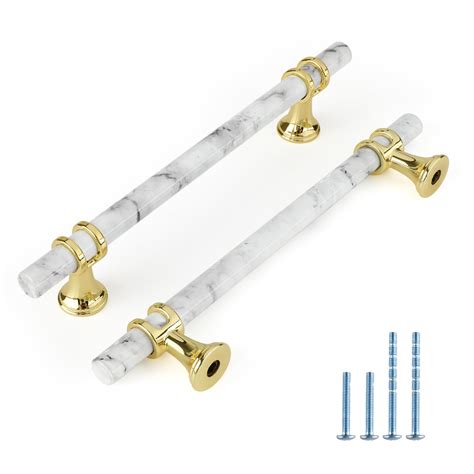 Rergy Cabinet Handles Marble Drawer Pulls And Knobs 10pack White Marble And Gold 5inch Hole