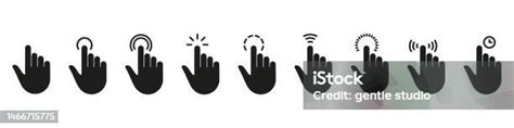 손 손가락 터치 스 와이프 클릭 누르기 및 탭 실루엣 아이콘 세트 제스처 슬라이드 왼쪽 및 오른쪽 검은 색 아이콘 서명을 두 번 클릭하고 누릅니다 고립된 벡터 그림