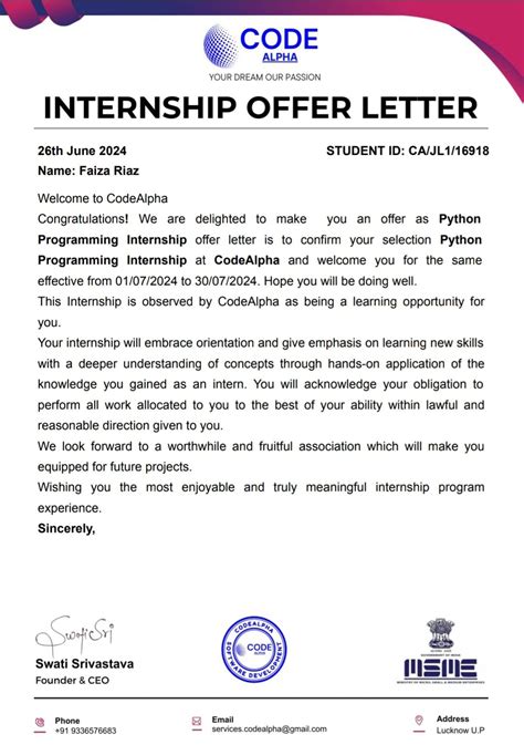 faiza riaz on linkedin codealpha internship pythonprogramming careergrowth newbeginnings