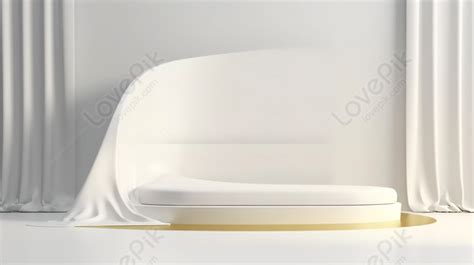 제품 프리젠테이션 배경에 완벽한 금색 곡선과 무대 연단을 갖춘 깨끗한 흰색 커튼월 배경의 놀라운 3d 렌더링입니다 흰색 베개 디스플레이가 포함되어 있습니다 연단 배경