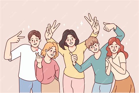 웃는 사람들이 함께 포즈를 취하는 것이 재미있습니다 프리미엄 벡터