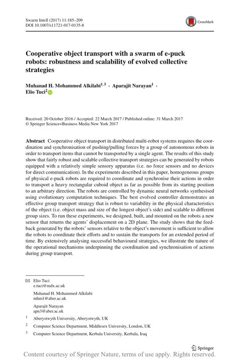 Cooperative Object Transport With A Swarm Of E Puck Robots Robustness