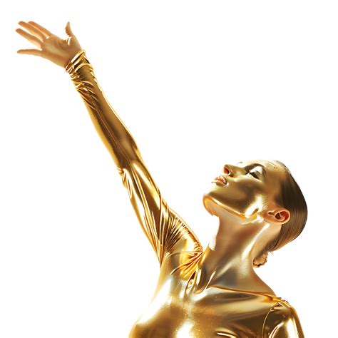 Golden Skin Model Sensual Woman With Glowing Metallic Gold Body Makeup Raising Her Hands