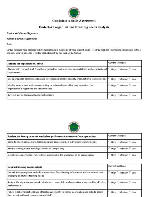 Candidate Skills Assessment Undertake Organisational Training Needs
