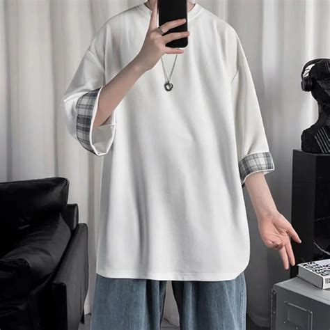 남성용 격자 무늬 패치워크 티셔츠 O 넥 풀오버 단색 소매 남성 티셔츠 봄 여름 루즈 티 탑 남성 의류 AliExpress
