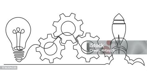 기어 조명 아이디어 및 로켓 발사 선박의 연속 선 그리기 연속 선 그리기 스타트업 사업 벡터 그림입니다 흰색 배경에 격리되어 있습니다 0명에 대한 스톡 벡터 아트 및 기타