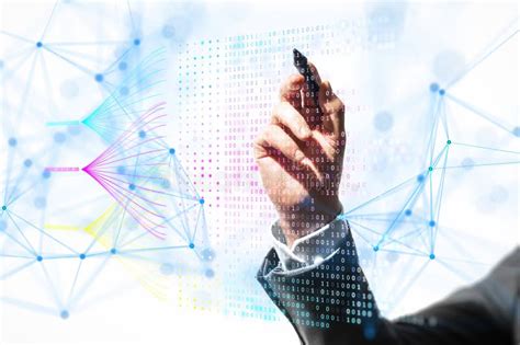 Hand With Pen Creating A Digital Network On A Virtual Screen With Binary Code And Colorful Data