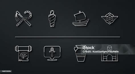 세트 라인 도둑과 도리깨 파피루스 두루마리에 호루스의 눈 이집트 상징 날개 달린 태양 꽃병 십자가 Ankh 미라 집과 배 아이콘 벡터 건강관리와 의술에 대한 스톡 벡터 아트