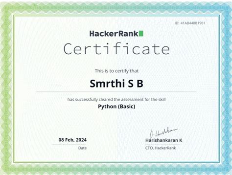 Earned A Certificate From Hackerrank For Python Skills Smrthi Sb