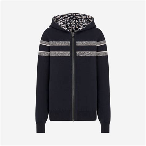 W 디올 테크니컬 캐시미어 리버시블 후드 지퍼 가디건 블루 디올 오블리크 Dior Kream