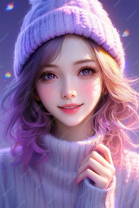 Premium Photo Anime Girl With Purple Beanie And Sweater Purple Eyes