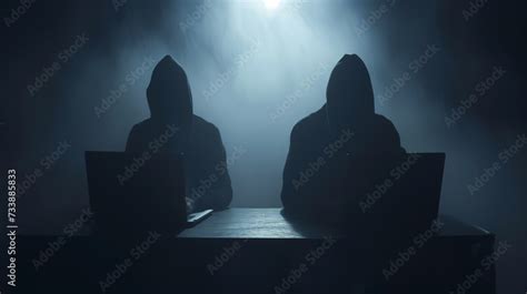 shadowy silhouettes of cybercriminals at work representing hackers and