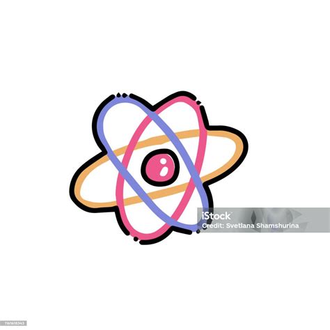 물리학 과학 궤도 원자 평평한 색상의 원자 구조 아이콘은 손으로 그린 유치한 낙서 스타일 흰색 배경에 색상 낙서 인쇄 개념