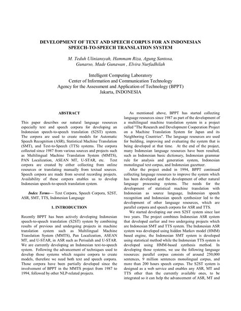 Pdf Development Of Text And Speech Corpus For An Indonesian Speech To Speech Translation System