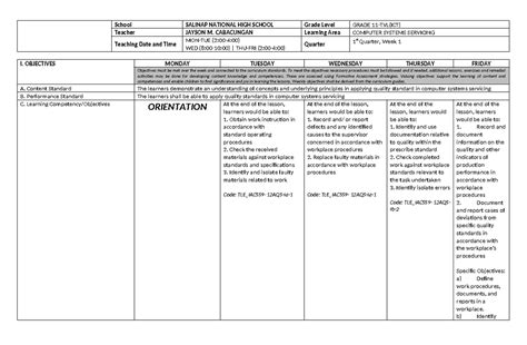 1q dll css11 week1 week 1 daily lesson log on computer systems