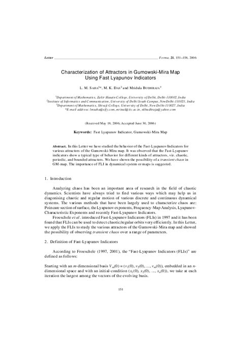 Pdf Characterization Of Attractors In Gumowski Mira Map Using Fast Lyapunov Indicators