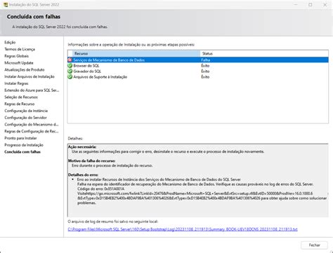 Instalação Do Microsoft Sql Server 2022 Falha Na Espera Do Identificador De Recuperação Do