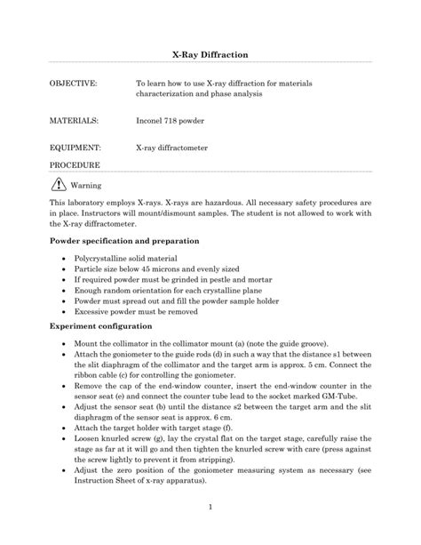 X Ray Diffraction Lab Manual Materials Characterization