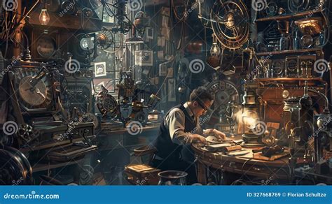 Steampunk Inventor In A Cluttered Workshop Stock Illustration Illustration Of Workshop