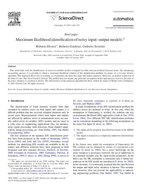 Pdf Maximum Likelihood Identification Of Noisy Inputoutput Models
