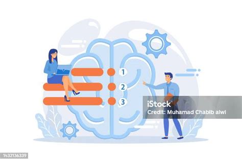 작업을 수행하는 두뇌와 랩톱 계획을 가진 사용자 전략 및 계획 분석 목표 설정 사업 계획 및 프로젝트 관리 개념 플랫 벡터 현대