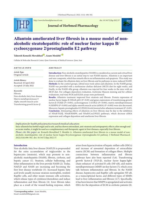 Pdf Allantoin Ameliorated Liver Fibrosis In A Mouse Model Of Non