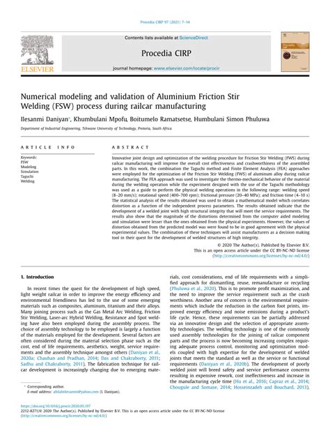 Pdf Numerical Modeling And Validation Of Aluminium Friction Stir Welding Fsw Process During