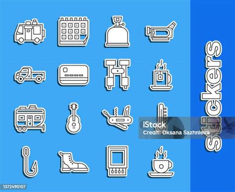 세트 라인 커피 컵 기상 온도계 티백컵 차 캠핑 가스 스토브 신용 카드 픽업 트럭 Rv 트레일러 및 쌍안경 아이콘 벡터 가방에 대한 스톡 벡터 아트 및 기타 이미지 Istock