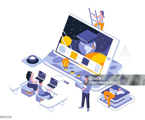 온라인 교육 방문 페이지 벡터 템플릿입니다 아이소메트릭 일러스트가 있는 먼 아카데믹 클래스 웹 사이트 헤더 Ui 레이아웃 3차원