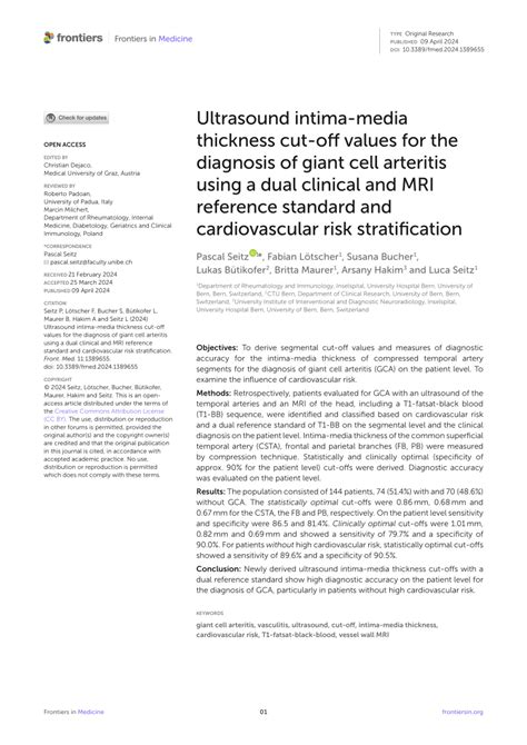 PDF Ultrasound Intima Media Thickness Cut Off Values For The Diagnosis Of Giant Cell Arteritis