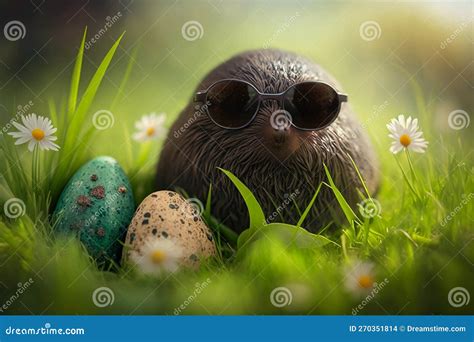 Illustration Of Funny Mole With Easter Egg On A Green Meadow Ai
