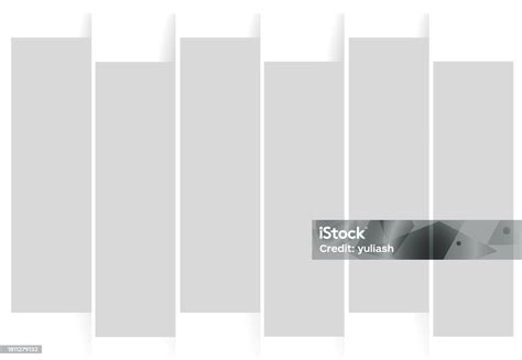 그림자가 있는 6개의 세로 배너 다른 높이의 부품의 모듈 식 페인팅 벡터 사실적인 모형 회색 빈 줄무늬 종이 시트에서 자릅니다 주당순이익10 3차원 형태에 대한 스톡 벡터