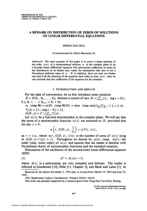 Pdf A Remark On Distribution Of Zeros Of Solutions Of Linear Differential Equations