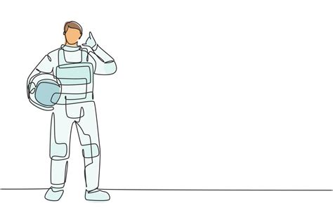 Single Continuous Line Drawing Astronaut Stands With Call Me Gesture Wearing Space Suit
