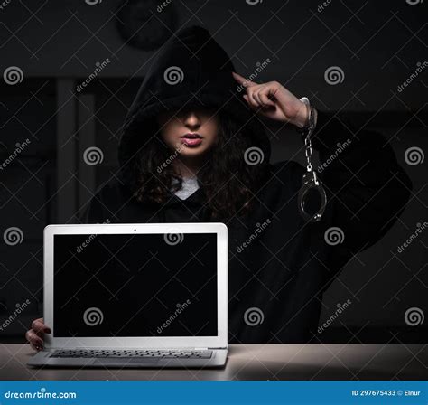 Female Hacker Hacking Security Firewall Late In Office Stock Image Image Of Cybersecurity