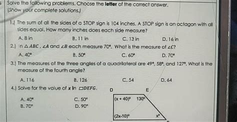 Solved Solve The Fallowing Problems Choose The Letfer Of The Correct Answer Show Your